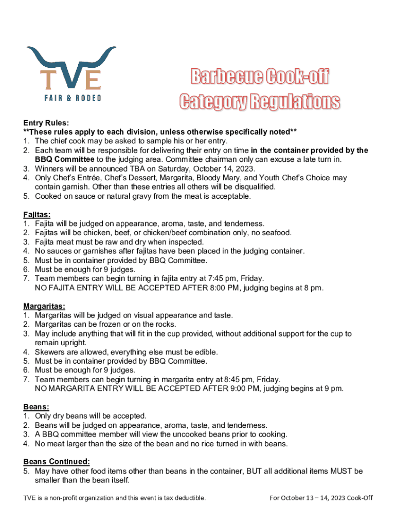 Fillable Online TVE Bar-B-Que Cook Off - Oct. 13th - 14th Fax Email ...