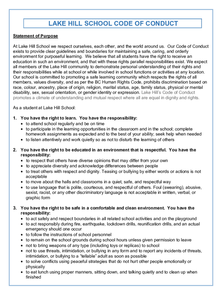 Fillable Online LAKE HILL SCHOOL CODE OF CONDUCT Fax Email Print ...