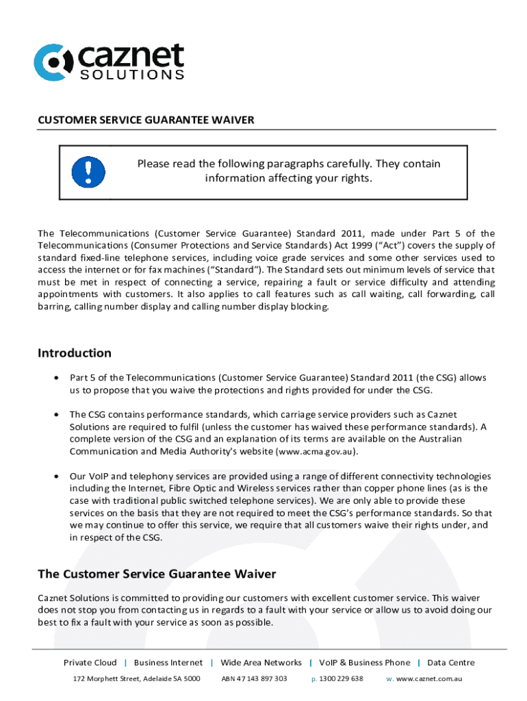 Fillable Online Telecommunications (Customer Service Guarantee ... Fax ...