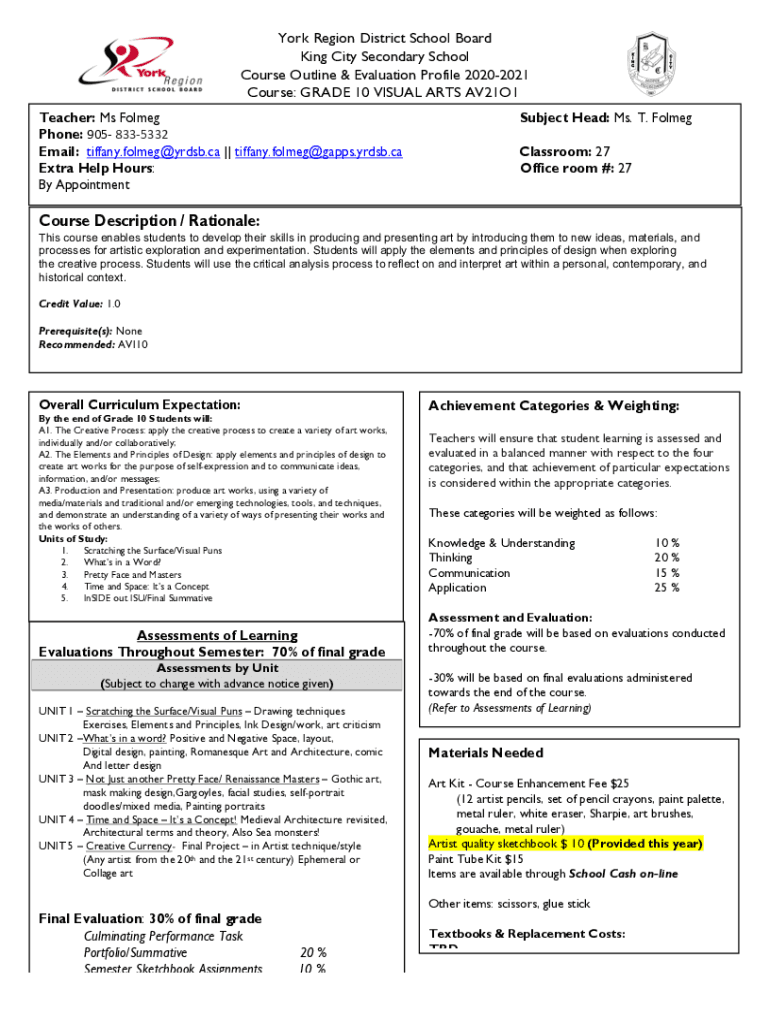 Fillable Online York Region District School Board (YRDSB) - King City ...