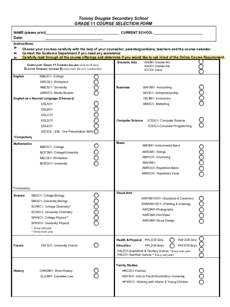 Fillable Online Tommy Douglas GR11 course selection form ... Fax Email ...