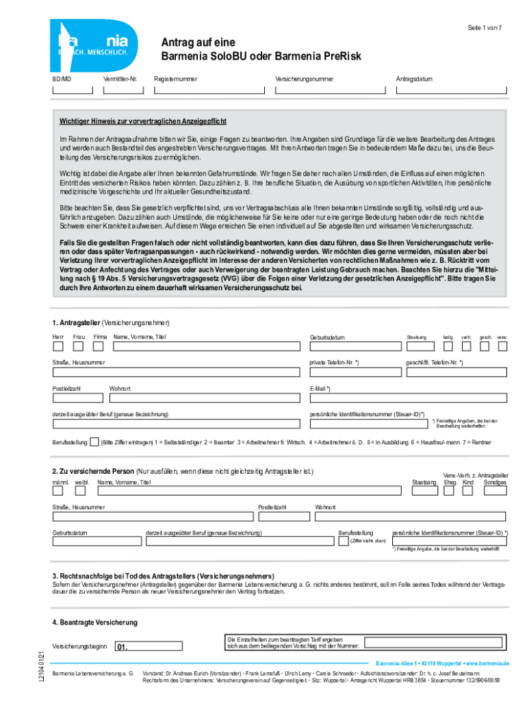 Ausfüllbar Online Antrag auf eine Barmenia SoloBU oder Barmenia PreRisk ...
