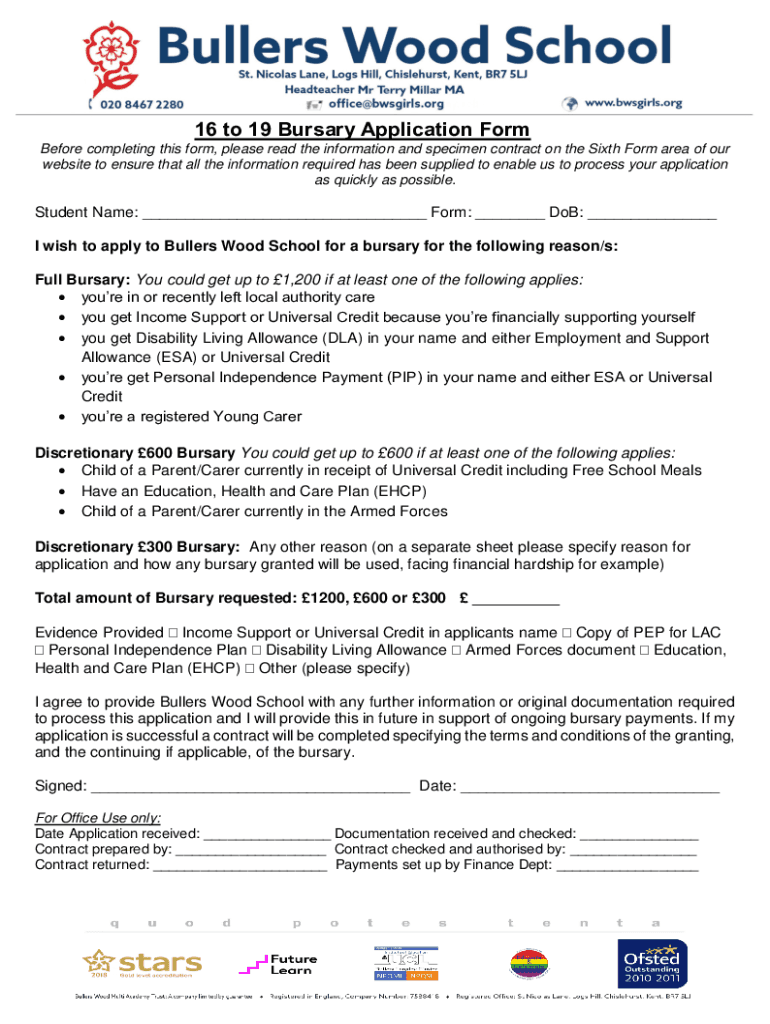 Fillable Online Fillable Online 16 to 19 Bursary Application Form ...