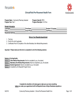 Fillable Online Clinical Pre-Placement Health Form Community Pharmacy Assistant Year 1 Fax Email ...
