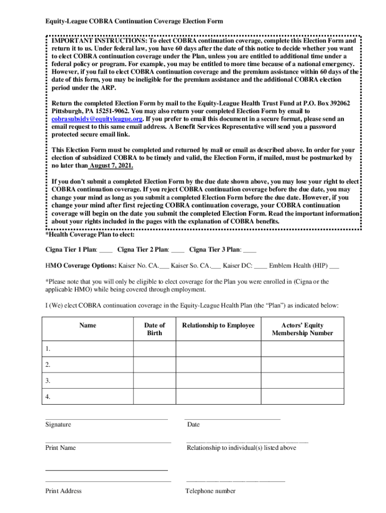 Fillable Online Equity-League COBRA Continuation Coverage Election Form ...
