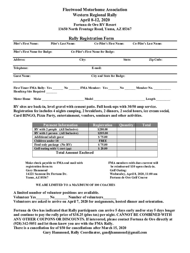 Fillable Online Fillable Online fma4fun Fleetwood Motorhome Association ...