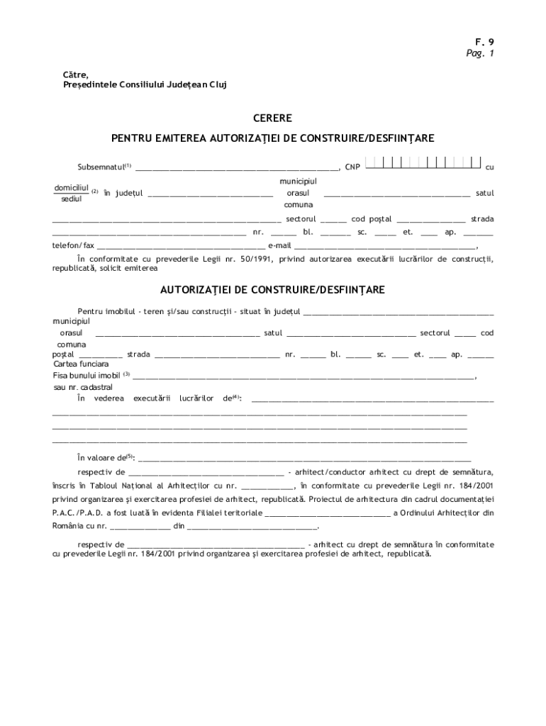 Fillable Online C E R E R E PENTRU EMITEREA AUTORIZAIEI DE ... Fax ...