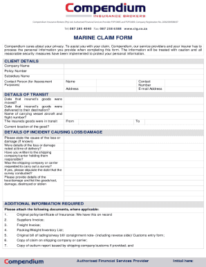 Fillable Online MARINE CLAIM FORM - Compendium Insurance Brokers Fax ...