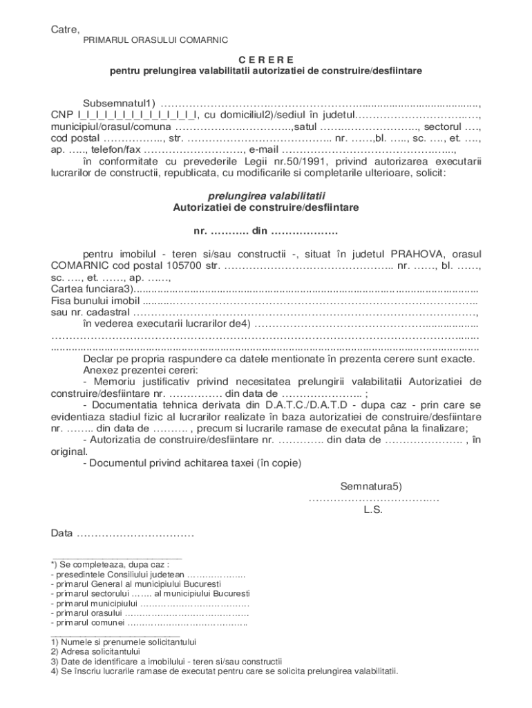 Fillable Online Cerere pentru prelungirea valabilitatii Certificatului ...