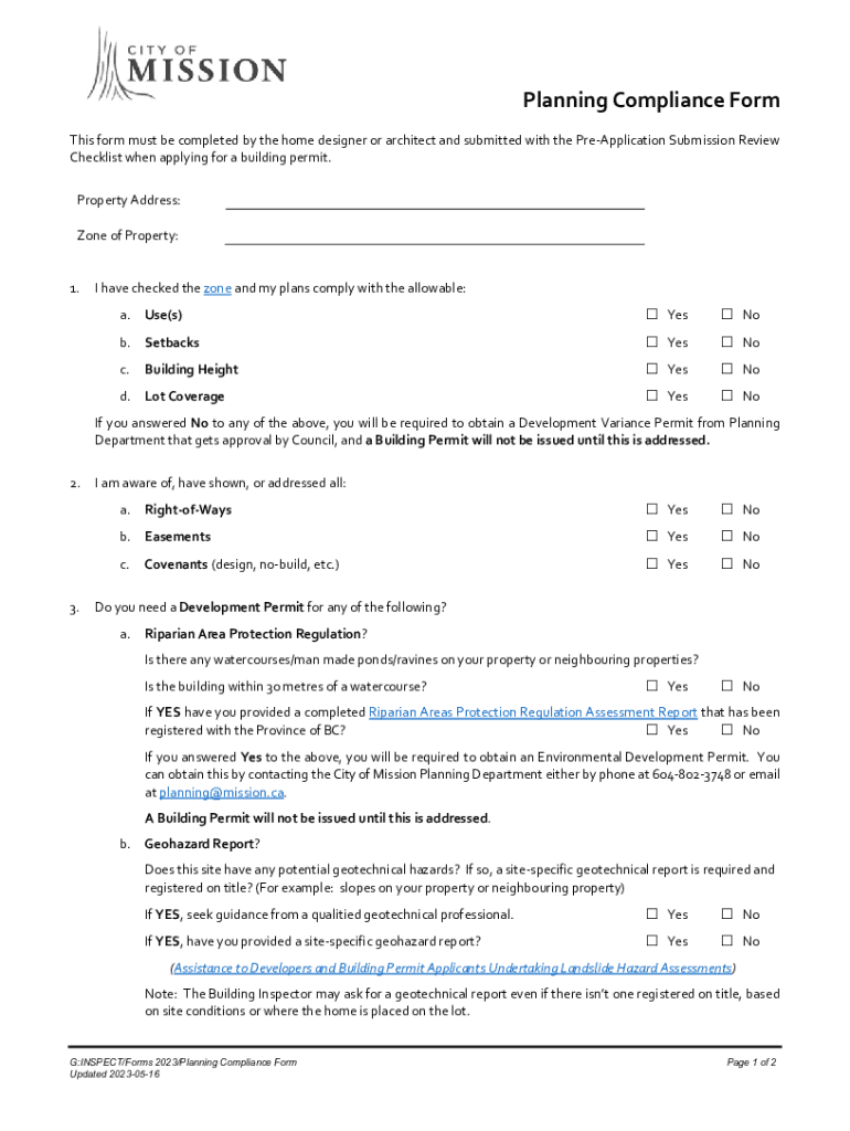 Fillable Online Planning Compliance Form - Mission.ca Fax Email Print ...