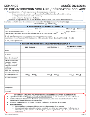 Remplissable En Ligne DE PR-INSCRIPTION SCOLAIRE / DROGATION SCOLAIRE Fax Email Imprimer - pdfFiller