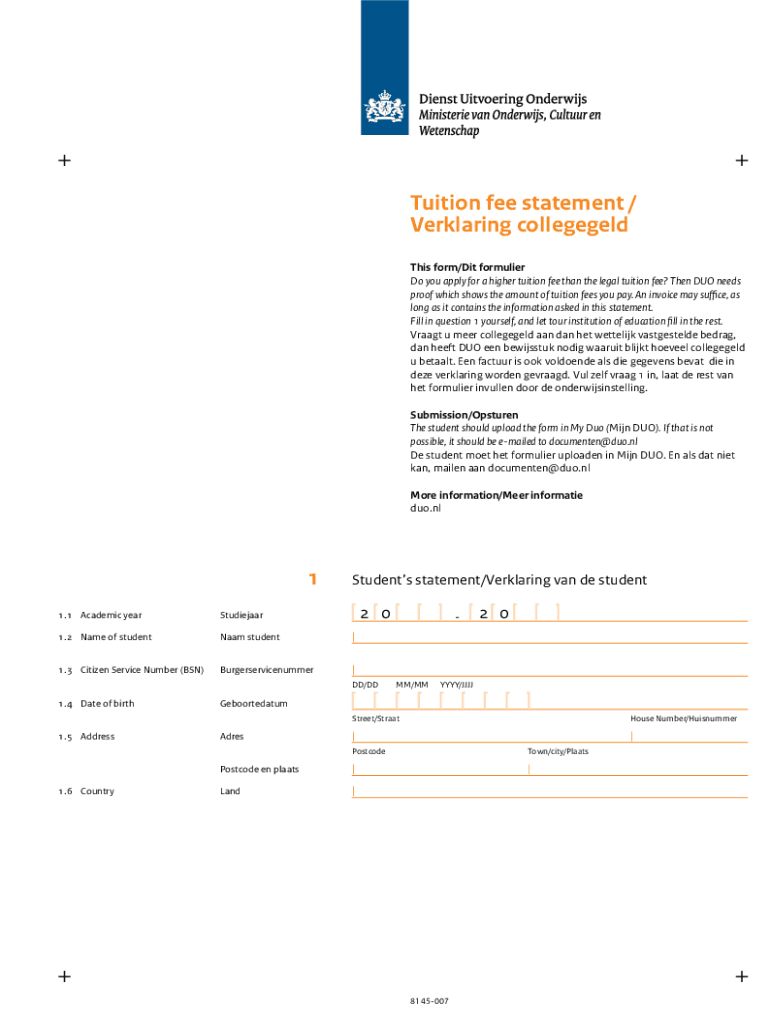 Tuition Fee Statement - Blank Fillable Template | Fill Out, Print ...