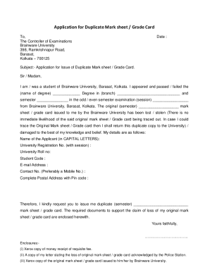 Fillable Online Application for Duplicate Mark sheet / Grade Card Fax ...
