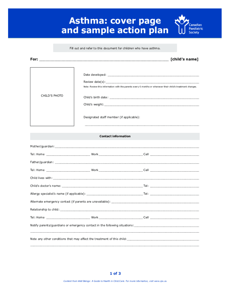 Fillable Online Asthma: cover page and sample action plan - Caring for ...