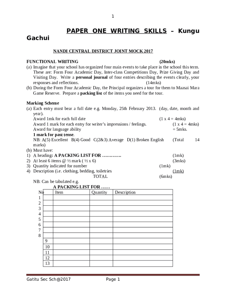 PAPER ONE WRITING SKILLSKungu Gachui Doc Template | pdfFiller