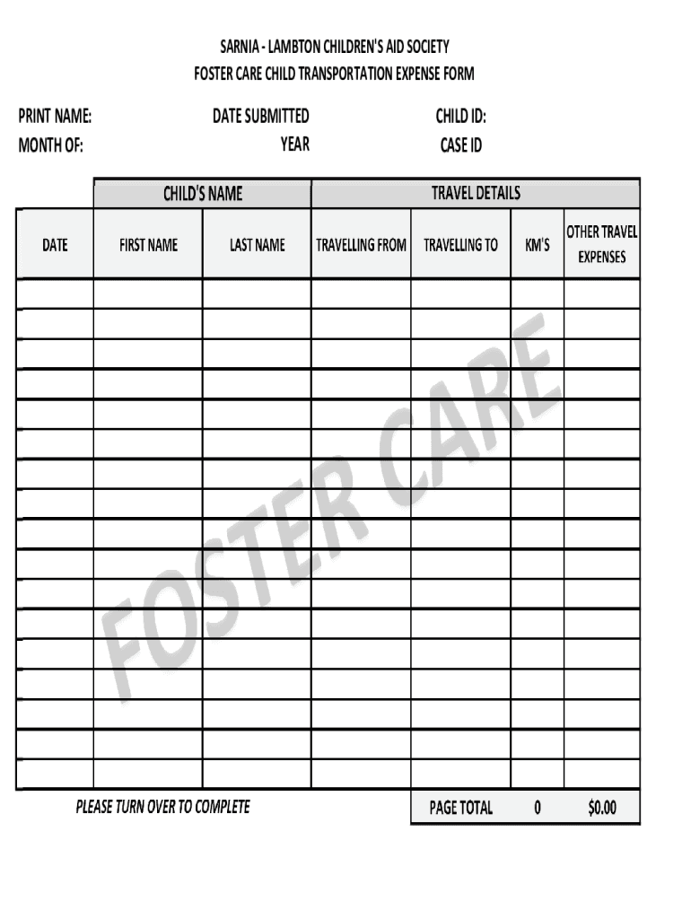 Fillable Online FOSTER PARENT TRAVEL EXPENSE FORM.xlsx Fax Email Print ...
