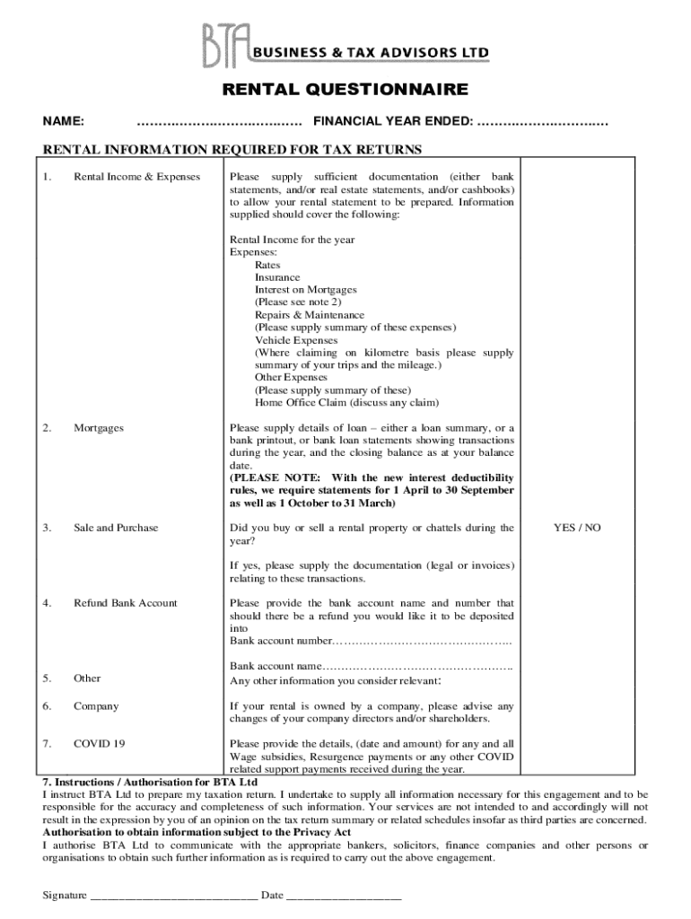 Fillable Online BTA RENTAL QUESTIONNAIRE Fax Email Print - pdfFiller
