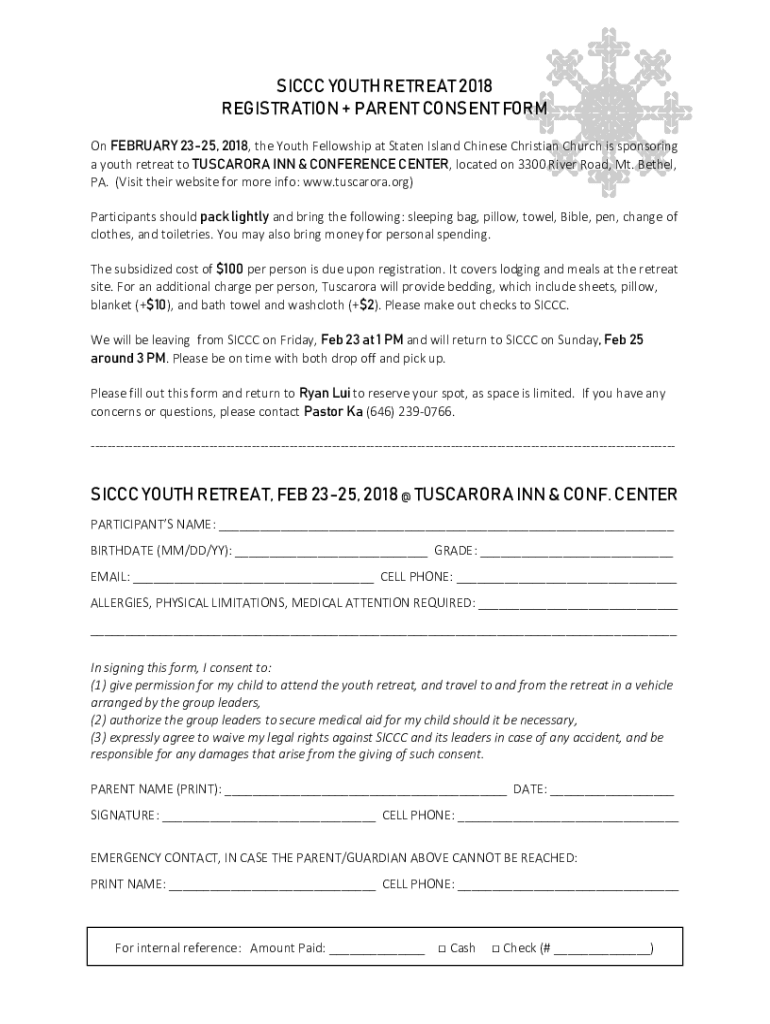 Fillable Online siccc youth retreat 2018 registration + parent consent ...