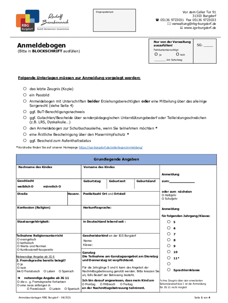 Ausfüllbar Online Anmeldebogen fr die IGS List Fax Email Drucken - pdfFiller