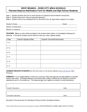 Fillable Online Absence Notification Form for Middle and High School ...