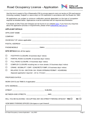 Fillable Online newcastle nsw gov Road Occupancy Licence - Application ...