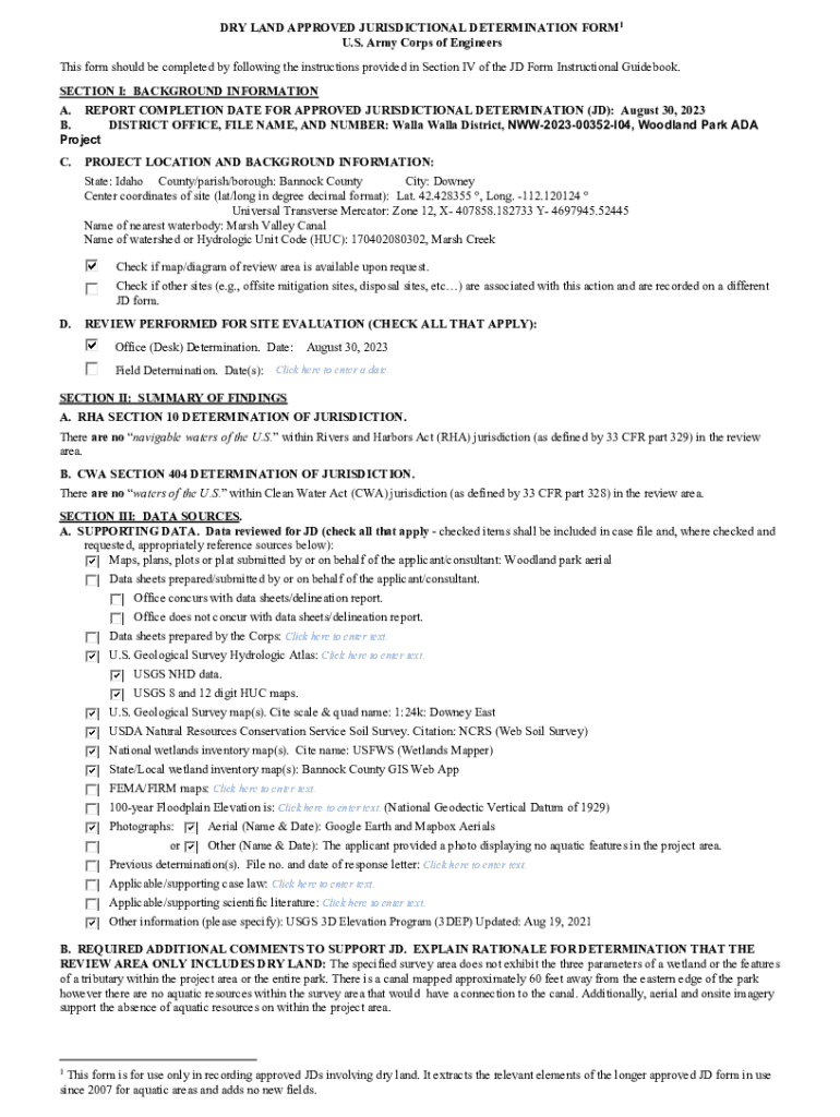 Fillable Online REPORT COMPLETION DATE FOR APPROVED JURISDICTIONAL DETERMINATION (JD): August 30 ...