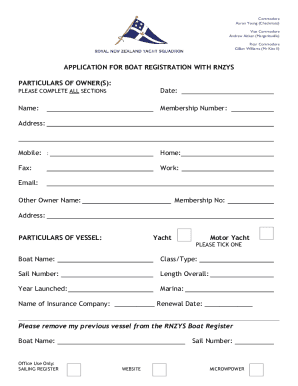 Fillable Online Application for Boat Registration with RNZYS Fax Email ...