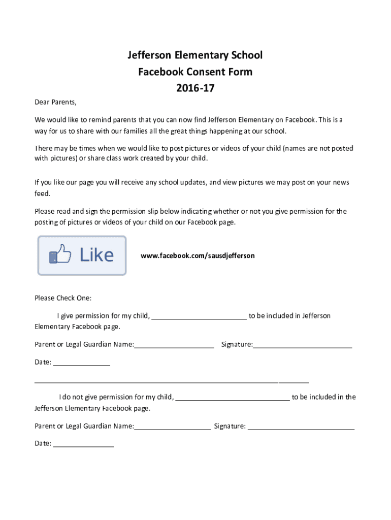 Fillable Online Jefferson Elementary School Facebook Consent Form ...