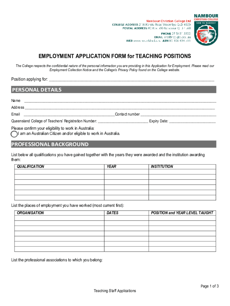 Fillable Online Employment Application Form for Teaching Positions Fax Email Print - pdfFiller