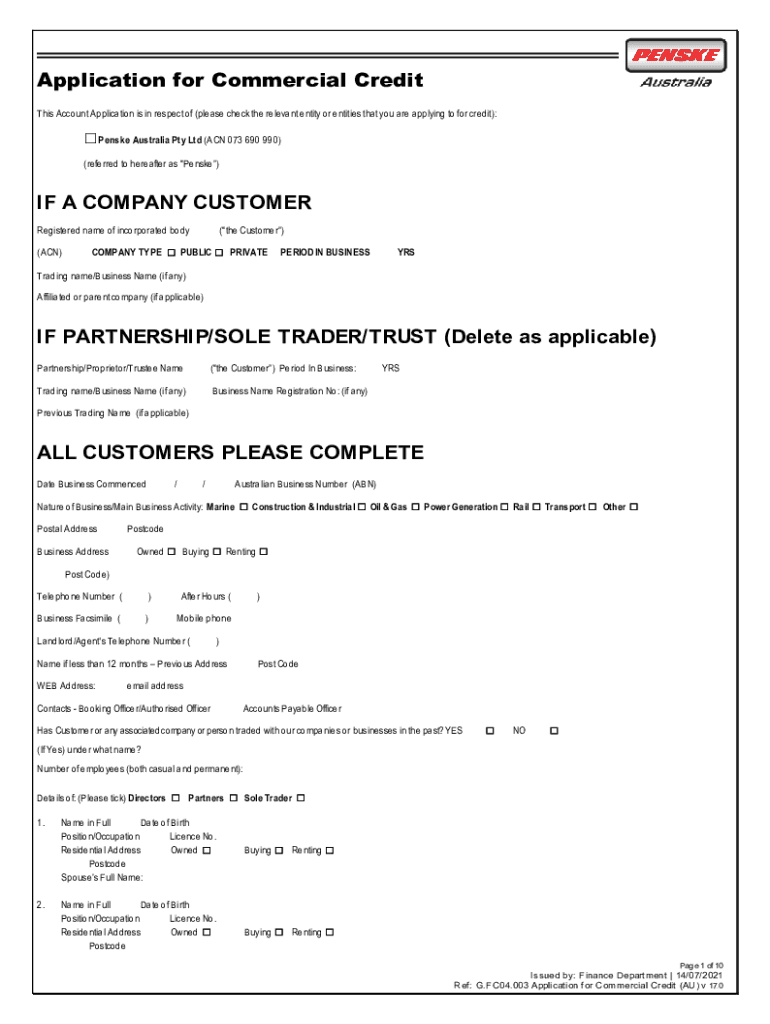 Fillable Online Application for Commercial Credit (AU). Accounts ...