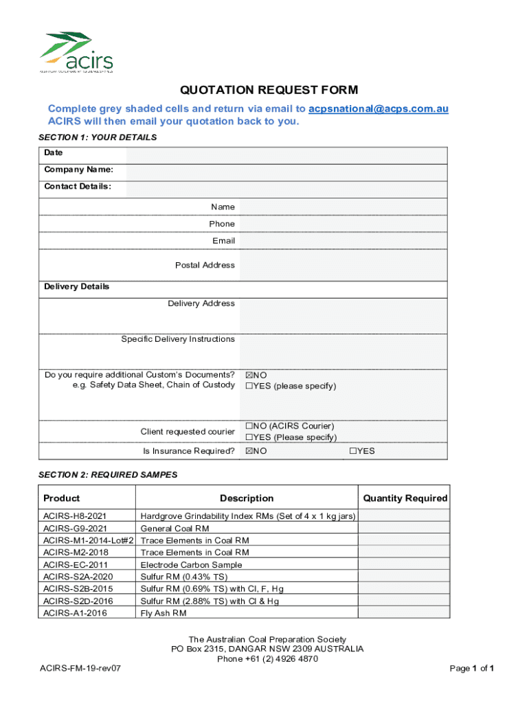 Fillable Online QUOTATION REQUEST FORM -ACIRS Fax Email Print - pdfFiller