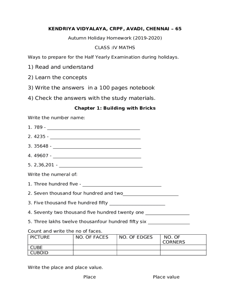 HOLIDAY HOMEWORK (AUTUMN BREAK) CLASS 4 ... Doc Template | pdfFiller