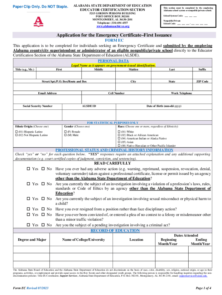 Fillable Online Form EC First Issuance Emergency Certificate. Form EC ...