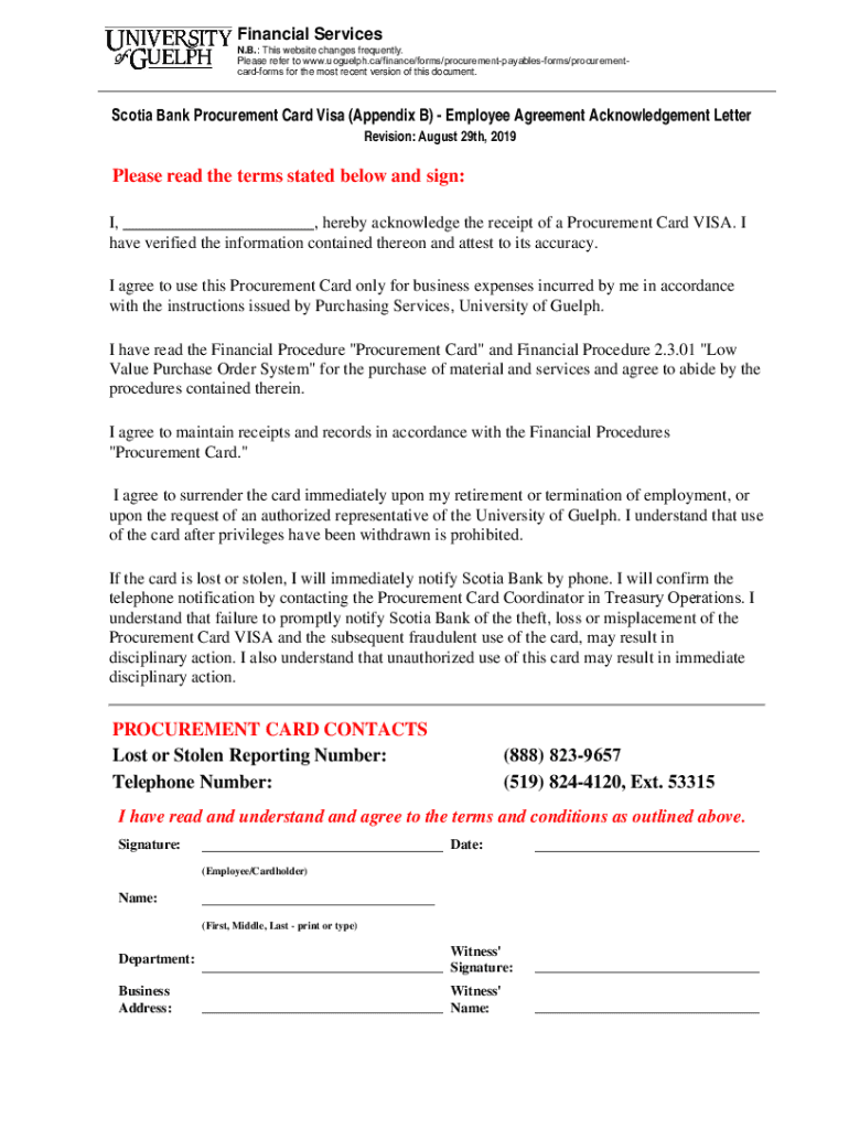 Fillable Online Procurement Visa Card. Agreement Employee Acknowledgement Letter (Appendix B ...