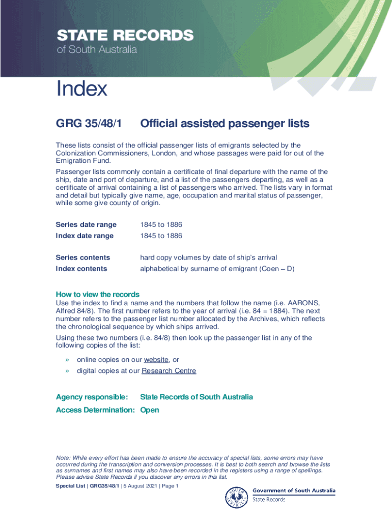 Fillable Online Index - GRG 35/48/1 Official assisted passenger lists ...