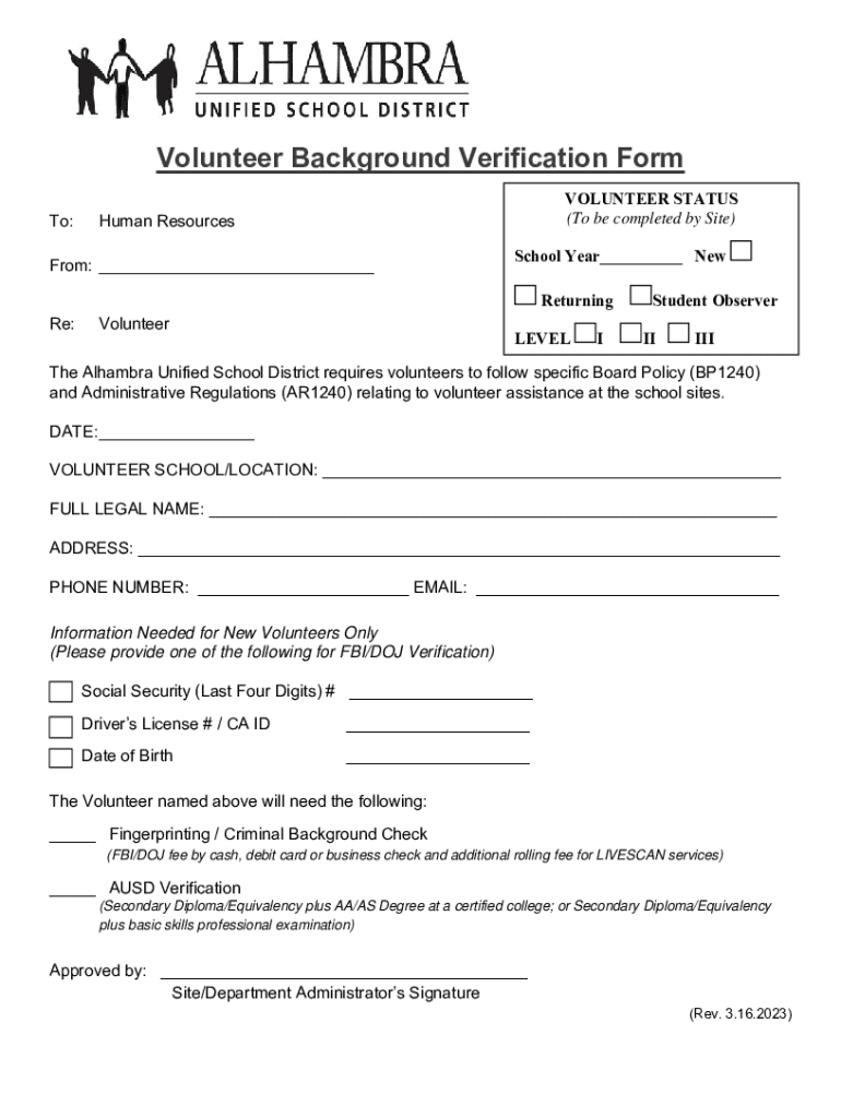 Fillable Online AUSD HR Volunteer Background Verification Form Fax ...