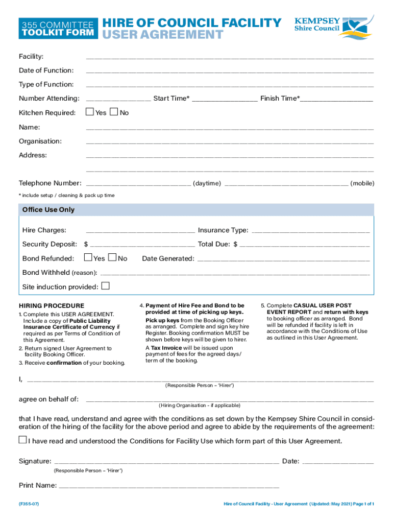 Fillable Online Hire of Council facility user agreement. 355 Committee Toolkit Form Fax Email ...