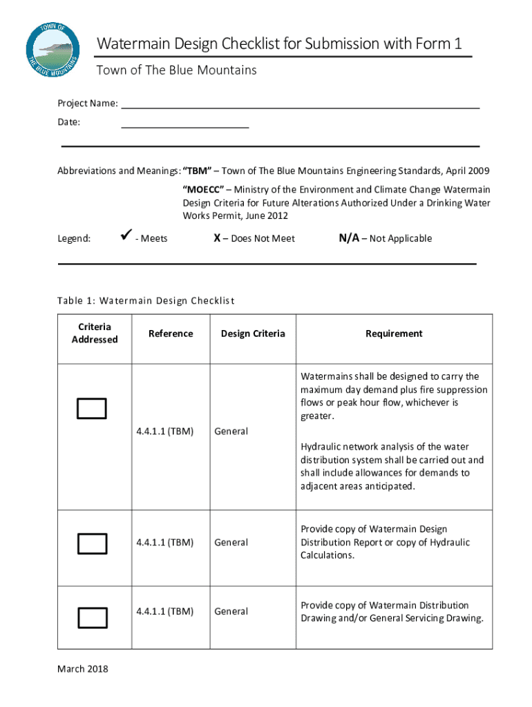 Fillable Online Watermain Design Checklist for Submission with Form 1 ...