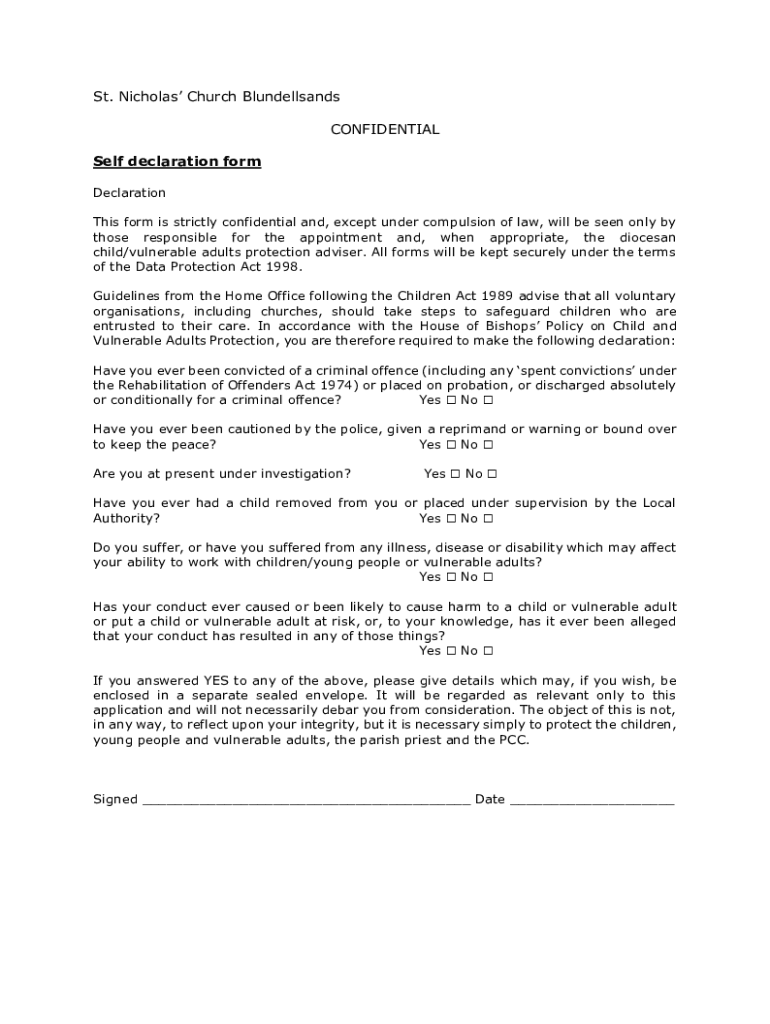 Fillable Online Belfast School Pastor Confidential Self Declaration ...