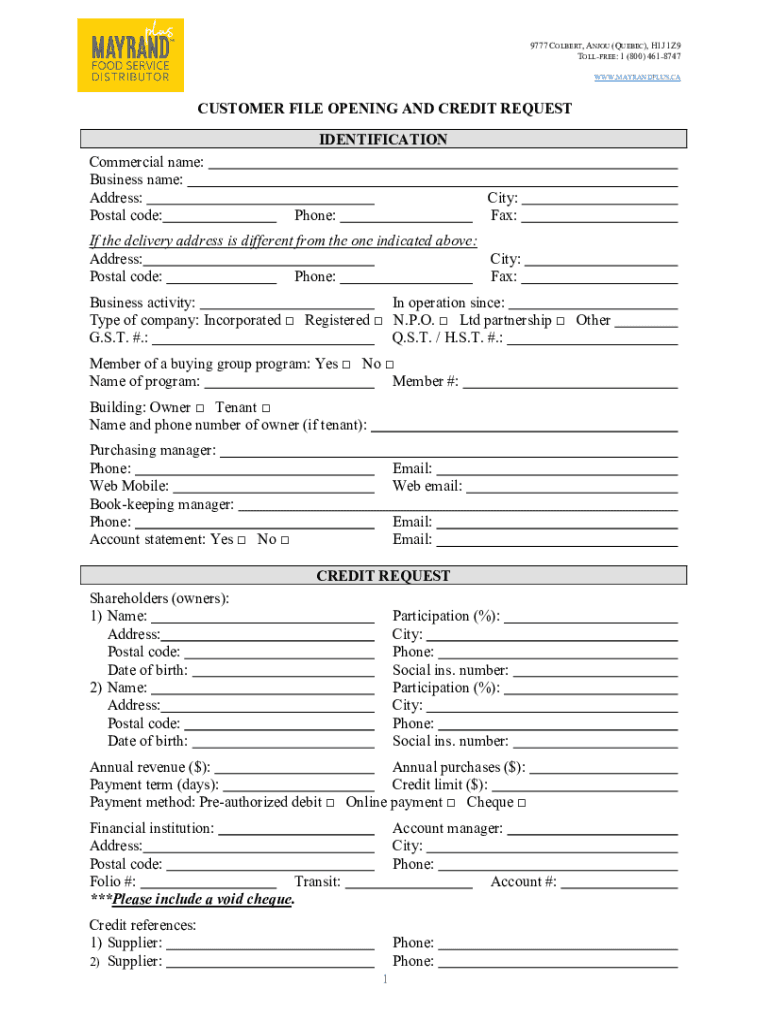 Fillable Online Customer File opening and Credit Request Fax Email ...