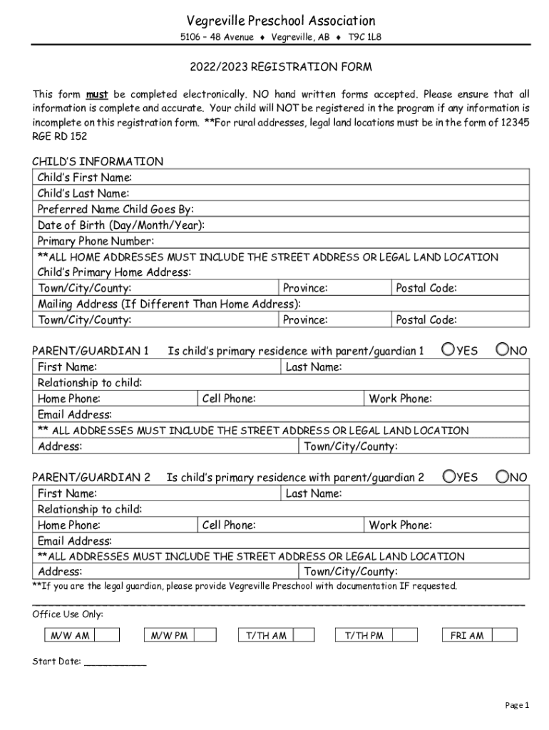 Fillable Online Early Childhood / Preschool Registration Forms: 2023 ...