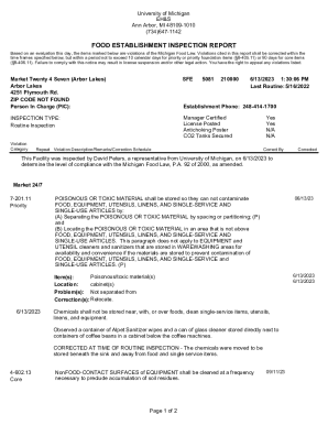 Fillable Online ehs umich Arbor Lakes - FOOD ESTABLISHMENT INSPECTION ...