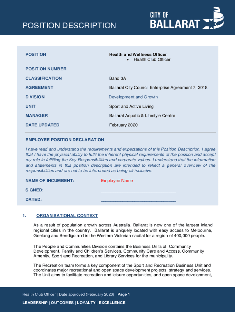 Fillable Online Health Club Officer - Position Description Template Fax ...