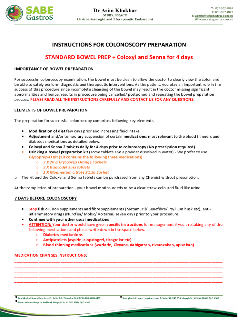 Fillable Online Standard Bowel Prep + Coloxyl and Senna for 4 days Fax ...