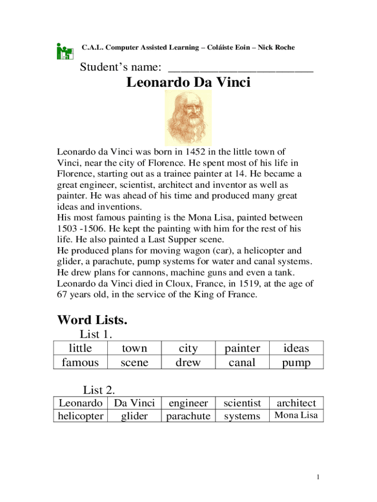 Fillable Online Leonardo Da Vinci - Home Page of Nick Roche Fax Email Print - pdfFiller