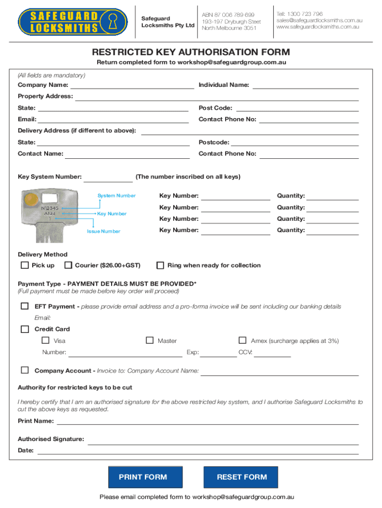 Fillable Online RESTRICTED KEY AUTHORISATION FORM Fax Email Print ...