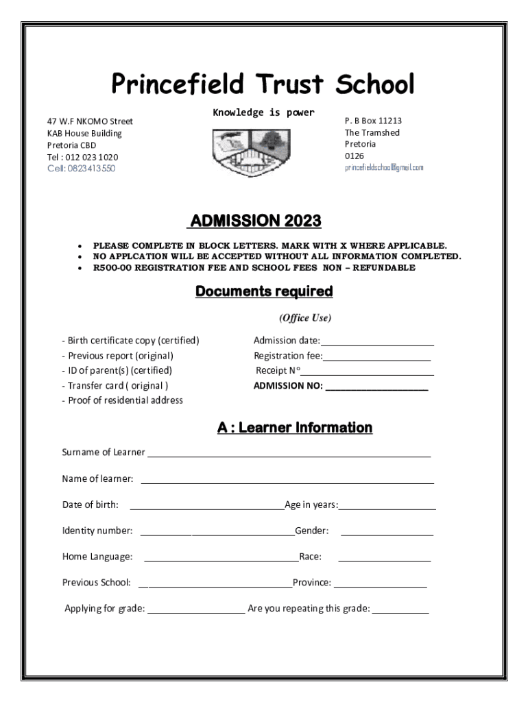 Fillable Online Princefield Trust School Details in Gauteng Province ...