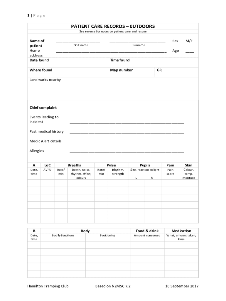 Fillable Online PATIENT CARE RECORDS 0UTDOORS Fax Email Print - pdfFiller