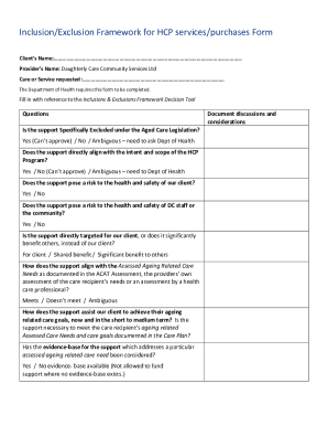 Fillable Online Inclusion/Exclusion Framework for HCP services/ ... Fax ...