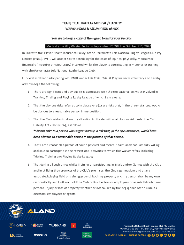 Fillable Online TRAIN, TRIAL and PLAY MEDICAL / LIABILITY WAIVER ...